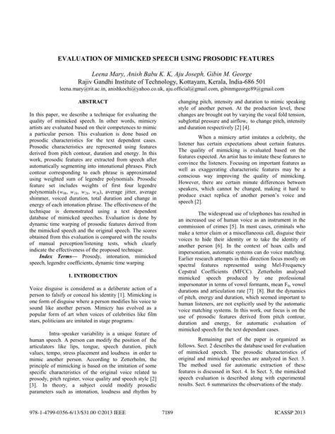 Pdf Evaluation Of Mimicked Speech Using Prosodic Features