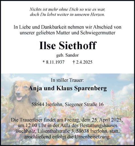 Traueranzeigen Von Ilse Siethoff Trauer In Nrw De