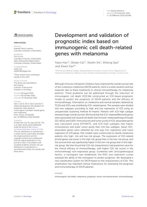 Pdf Development And Validation Of Prognostic Index Based On Immunogenic Cell Death Related