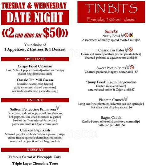 Menu At Tin Mill Restaurant Uxbridge