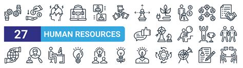 팀 빌딩 기부 실직 녹색 에너지 전략적 비전 모집 지능 웹 디자인을위한 컨퍼런스 벡터 얇은 선 아이콘과 같은 27 개요 웹 인적 자원 아이콘 세트 0명에 대한 스톡 벡터