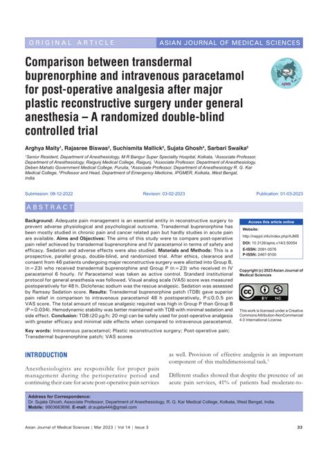 Pdf Comparison Between Transdermal Buprenorphine And Intravenous Paracetamol For Post