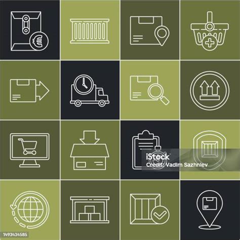 골판지 상자 배송 보안 방패 이면이 위로 물류 배송 트럭 및 시계 상자 봉투 유로 기호 및 검색 패키지 아이콘으로 라인 위치