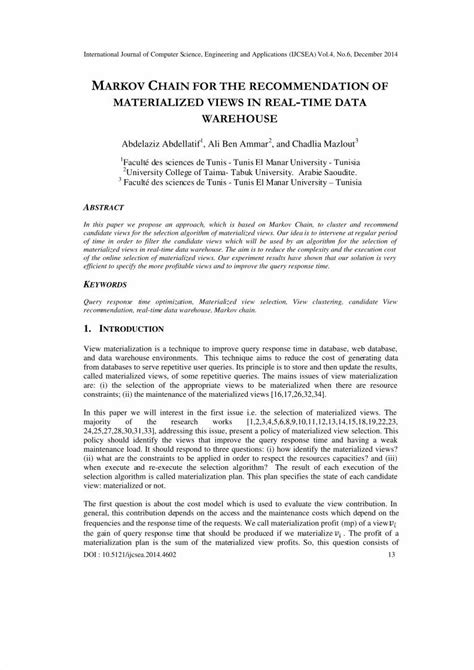 pdf markov chain for the recommendation of materialized views in real time data warehouse