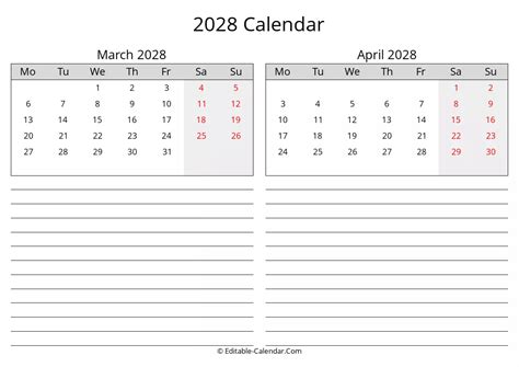 Download 2028 March April Calendar With Holidays Week Start On Monday