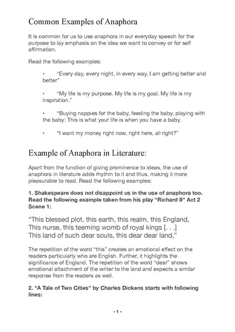 Common Examples Of Anaphora Summaries Literature Docsity