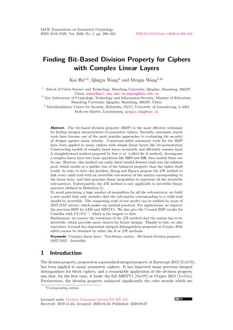 Pdf Finding Bit Based Division Property For Ciphers With Complex Linear Layers