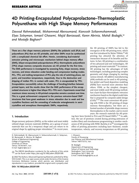 Pdf 4d Printing‐encapsulated Polycaprolactone Thermoplastic Polyurethane With High Shape