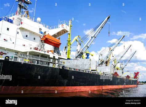 Large Bulk Carrier With Open Holds In Harbor Cargo Terminal Shore Cranes Blue Sky Background