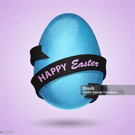 검은색 리본과 보라색 글자가 있는 파란색 달걀 행복한 부활절 분홍색 배경에 벡터 그림입니다 아이콘 배너 카드 포스터 휴일 파티를 위한 요소 4월에 대한 스톡 벡터 아트 및