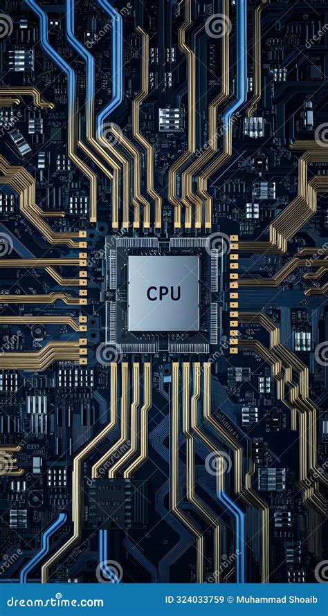 Advanced Circuit Board With Cpu And Intricate Components Golden Blue Wiring Stock Illustration