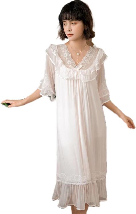 Qiuyi Womens Lace Vintage Princess Nightdress Sheer Victorian