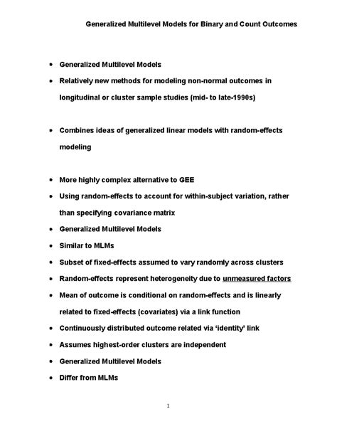 Generalized Multilevel Models For Binary And Count Outcomes I