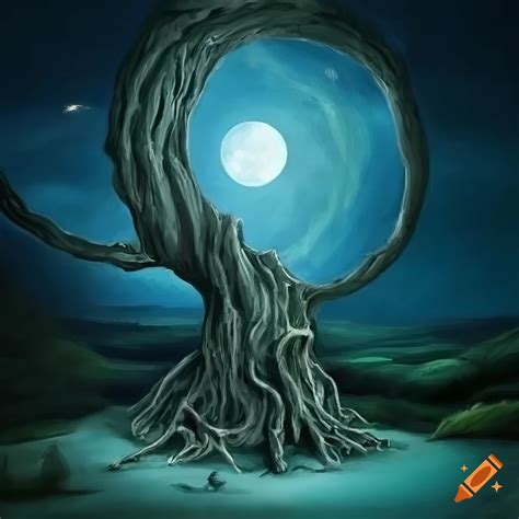illustration of mystical stone trees in moonlight