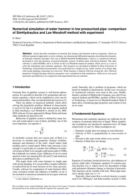 Pdf Numerical Simulation Of Water Hammer In Low Pressurized Pipe Comparison Of Simhydraulics