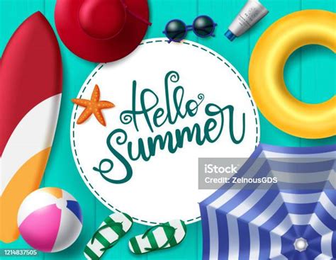 안녕하세요 여름 벡터 배경 템플릿입니다 우산 서핑 보드 모자 구명 부표 비치 볼 플립 플롭 태양 가스 및 자외선 차단제와 같은 해변 요소와 안녕하세요 여름 텍스트 0명에