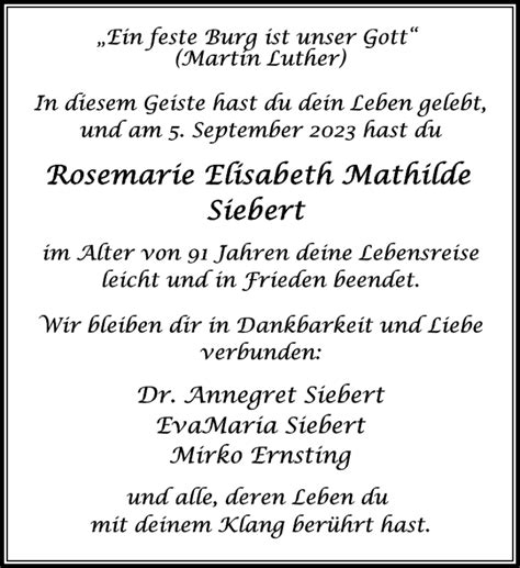 Traueranzeigen Von Dr Annegret Siebert Eva Maria Siebert Mirko