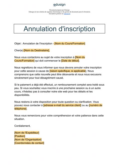 Demande Dinscription Modèle De Mail Ou De Lettre Gratuit Edusign