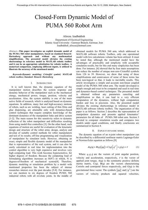 Pdf Closed Form Dynamic Model Of Puma 560 Robot Arm