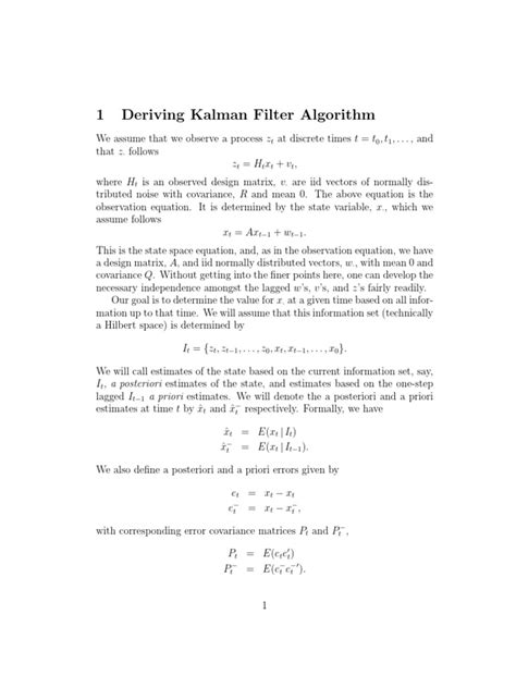 1 Deriving Kalman Filter Algorithm T And Z X Pdf Kalman Filter Covariance Matrix