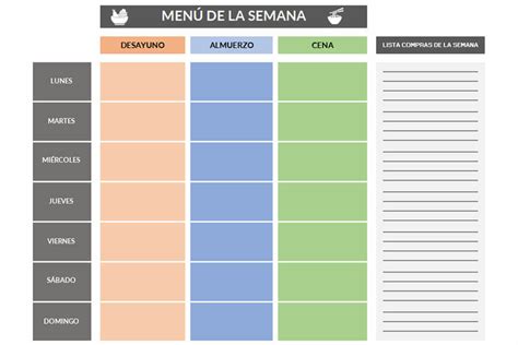 Plantilla De Menú Semanal Para Imprimir En Excel Y Pdf