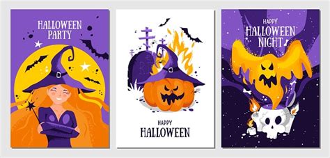 귀여운 마녀 달 마술 지팡이 박쥐 묘지 십자가 악마 호박 유령 두개골 뼈 거미 및 양초가있는 할로윈 엽서 세트 카드 포스터 전단지 배너 및 기타를위한 벡터 템플릿 가을에
