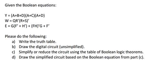 Solved Given The Boolean Equations Y A B D A C A D W Chegg