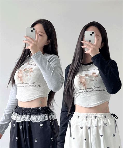 2컬러 엔젤 래글런 크롭 티셔츠 나그랑 빈티지 프린팅 Y2k 긴팔티셔츠 No002221 에이블리