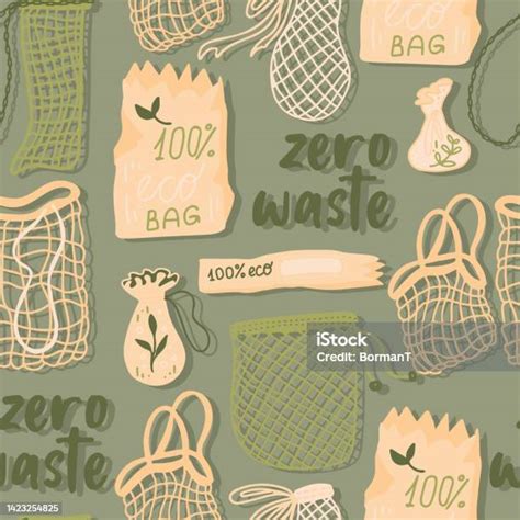 메쉬 또는 메쉬 쇼핑백은 환경 친화적 인 생활 벡터 원활한 패턴을위한 것입니다 비건 제로 폐기물 개념의 패션 구매자 배너 엽서 포스터를위한 다채로운 손으로 그린 벡터