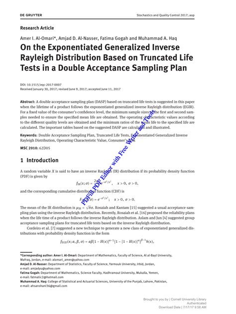 Pdf On The Exponentiated Generalized Inverse Rayleigh Distribution Based On Truncated Life