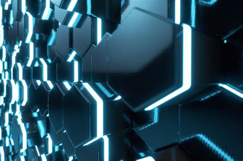 빛을 광선 3d와 미래 표면 육각형 패턴의 추상 블루 렌더링 0명에 대한 스톡 사진 및 기타 이미지 0명 3차원 형태