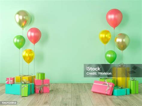 그린 빈 벽 화려한 인테리어 선물 선물 파티 생일 이벤트에 대 한 풍선 3d 렌더링 일러스트 레이 션 이랑 풍선에 대한 스톡 사진 및 기타 이미지 Istock