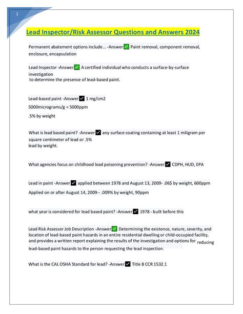 Lead Inspectorrisk Assessor Questions And Answers 2024 Exams Advanced Education Docsity