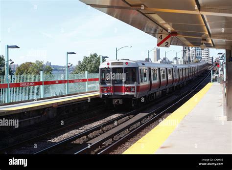 A Red Line Train Of The Boston T Arrives At Charles Mgh Station Stock