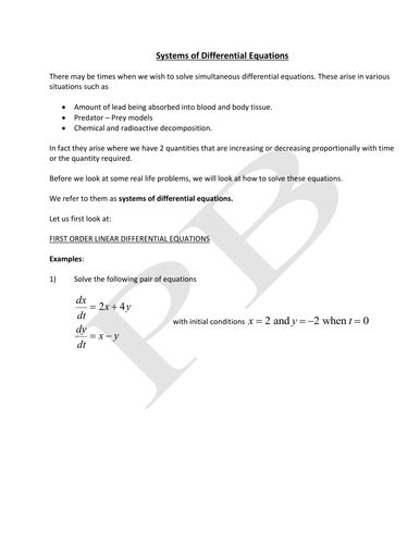 Simultaneous Differential Equations Teaching Resources