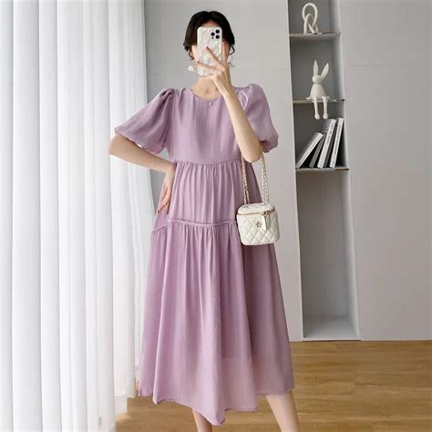 Корейски шифонени рокли за бременни Летни дрехи за бременни Ежедневни плътни О образно деколте с