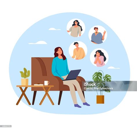 인터넷 온라인 웹 사이트로 집에서 일하고 친구 동료를 호출하는 여성 프리랜서 캐릭터 벡터 플랫 그래픽 디자인 일러스트레이션 Brand Name Online Messaging