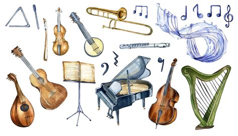 Premium Photo Set Of Classical Musical Instruments Watercolor