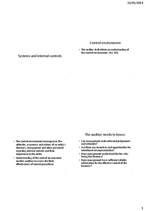 Week 2 Testing Controls Systems And Internal Controls 1 Control Environment • The Auditor