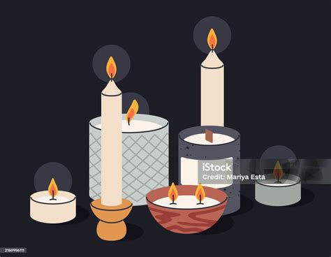 향기로운 왁스 양초 불타는 장식 양초 미니멀리스트 디자인 양초 아로마 테라피 및 가정 인테리어 장식 평면 벡터 일러스트 레이 션 세트 아로마 캔들 개체 그룹에 대한 스톡