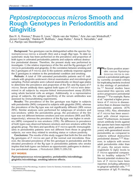 Pdf Peptostreptococcus Micros Smooth And Rough Genotypes In Periodontitis And Gingivitis Pdf Peptostreptococcus Micros Smooth And Rough Genotypes In Periodontitis And Gingivitis