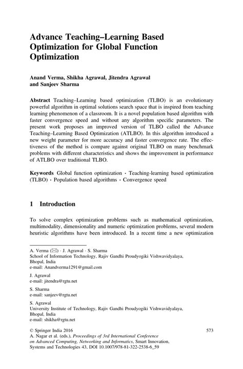 Pdf Advance Teachinglearning Based Optimization For Global Function Optimization