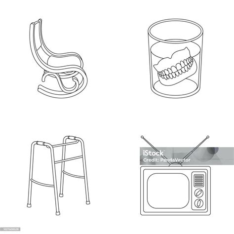 틀니 흔들의 자 워커 오래 된 Tv 나이 개요 스타일 벡터 기호 재고 일러스트 웹에서 컬렉션 아이콘을 설정합니다 금속에 대한 스톡 벡터 아트 및 기타 이미지 Istock