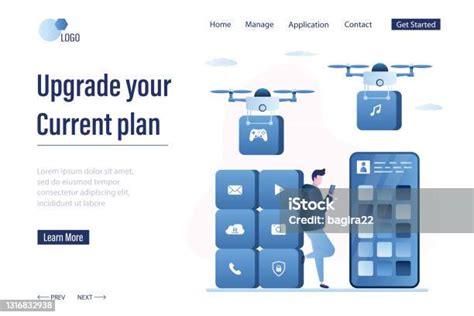 현재 계획 방문 페이지 템플릿을 업그레이드합니다 남성 사용자는 모바일 관세 계획에 새로운 옵션을 추가합니다 화면에 애플 리 케이 션을 가진 큰 스마트폰 Multicopter