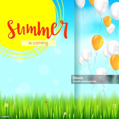 세련 된 여름 광고 배경입니다 구름 풍선 잔디 꽃 무당벌레 비행 파란 여름 하늘 배경 막 온라인 쇼핑 광고 작업에 대 한 서식