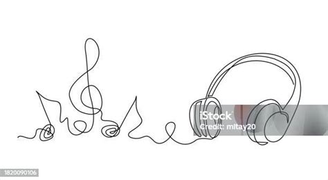 한 줄 헤드폰 음악 가제트와 음표의 연속 그리기 오디오 헤드폰 윤곽선 스케치 음악 기호의 선화 벡터 개념입니다 그림 헤드폰 드로잉 윤곽선 Dj에 대한 스톡 벡터 아트 및