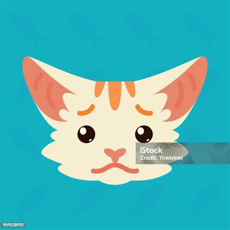 고양이 감정적인 머리 귀여운 키티의 벡터 그림 부정적인 감정입니다 슬픈 이모티콘입니다 스마일 아이콘입니다 인쇄 채팅 통신입니다 파란색 배경에 플랫 만화 스타일에 빨간