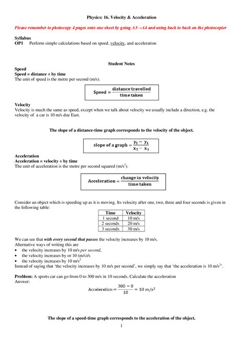 Velocity And Acceleration General Physics Lecture Notes Docsity