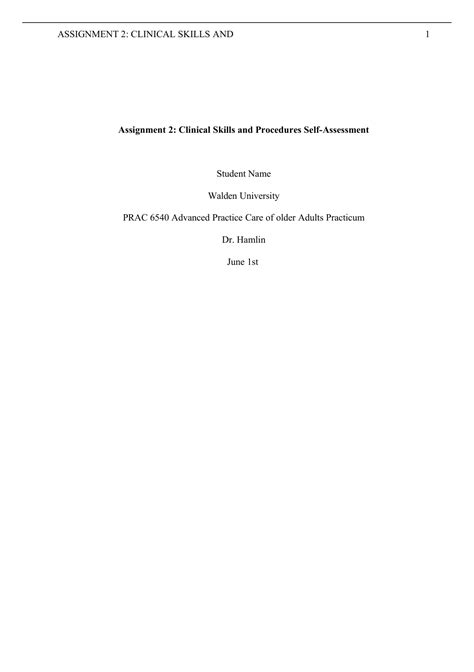 Prac 6540 Week 1 Assignment 2 Clinical Skills And Procedures Self Assessment V1 Prac 6540