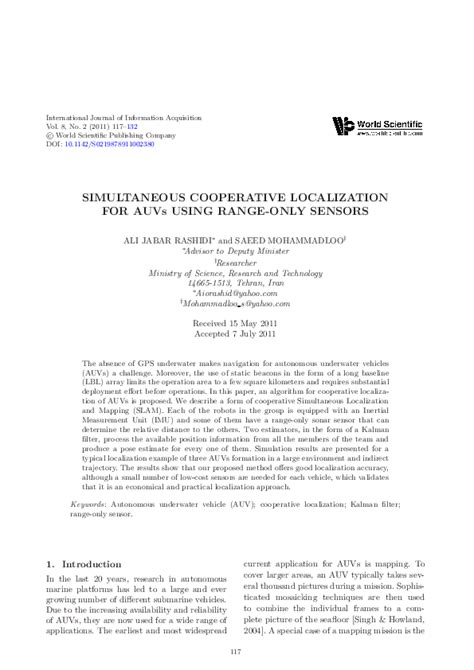 Pdf Simultaneous Cooperative Localization For Auvs Using Range Only